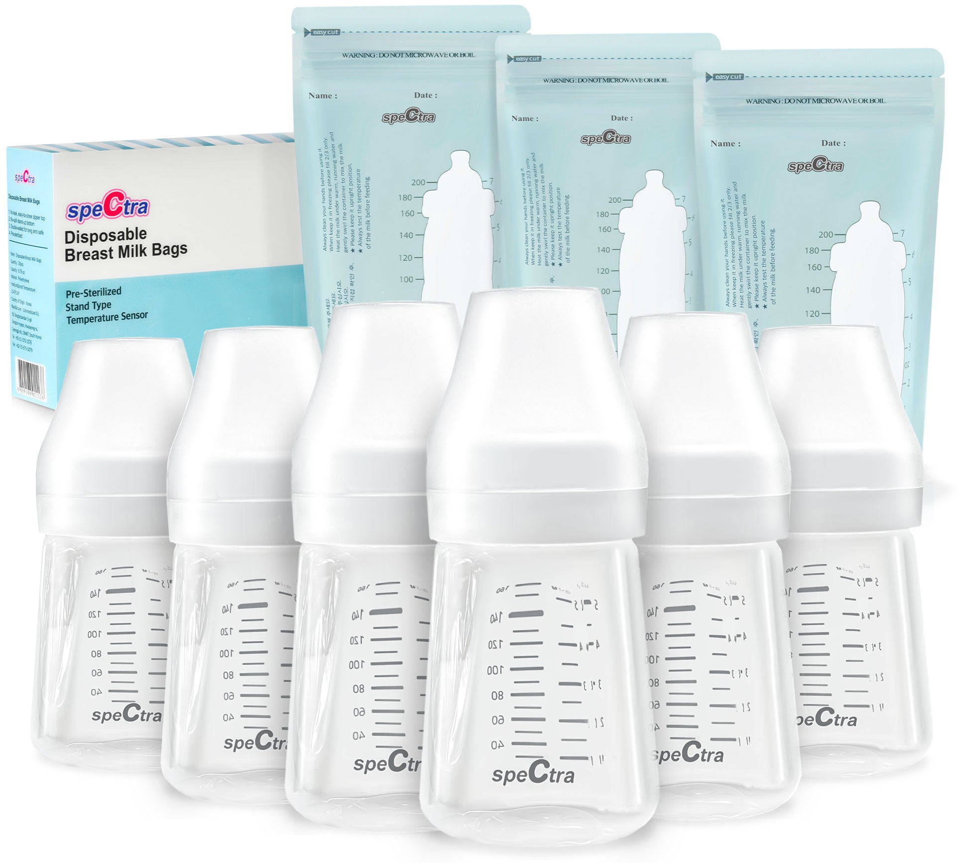 Set 6 Botellas + 30 Bolsas de Almacenamiento de Leche Materna – Spectra MX